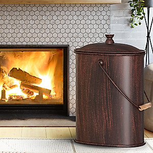 AMAGABELI GARDEN & HOME Ash Bucket with Lid Outdoor and Indoor Coal Bucket for Fireplace Medium Fire Bucket Metal Ash Can for Grill Charcoal Bucket Essential Tools for Indoor Fireplace Fire Pit Bronze