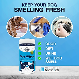 Odorable Dog Grooming Wipes - 75 Fragrance-Free Cleaning Wipes for Dogs & Puppies - Advanced Odor Neutralization for Paws, Body & Butt - Safe & Gentle for Pets, Alcohol-Free Pet Care