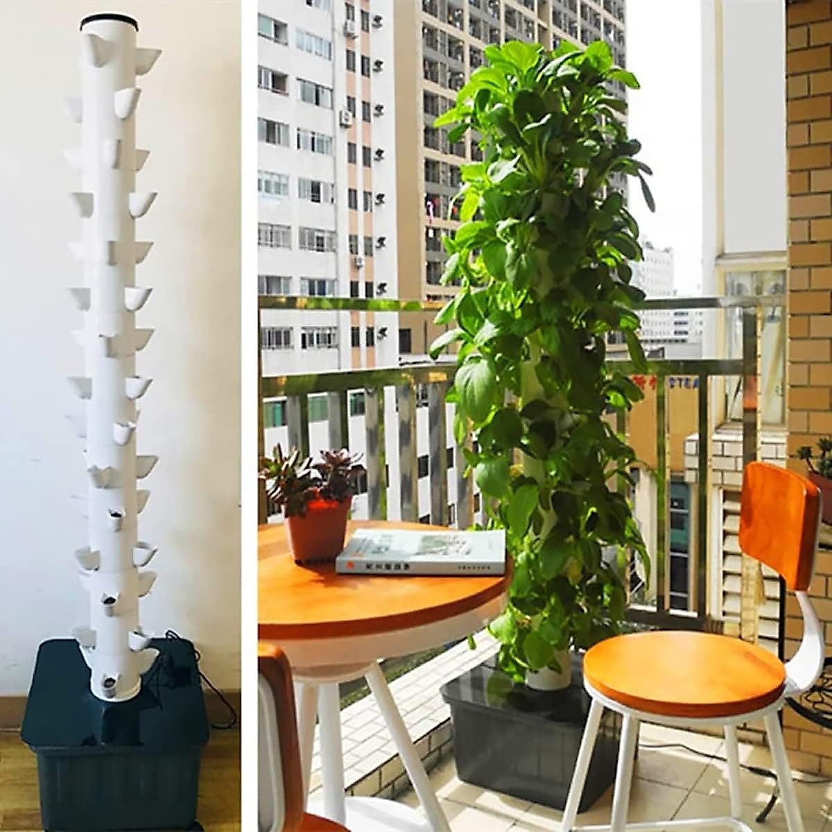 Hydroponic Tower, Aquaponic Culture System 45 Holes Net Pots Aeroponic Kit 15 Layers for Herbs, Fruits and Vegetables with Hydrating Pump, Adapter