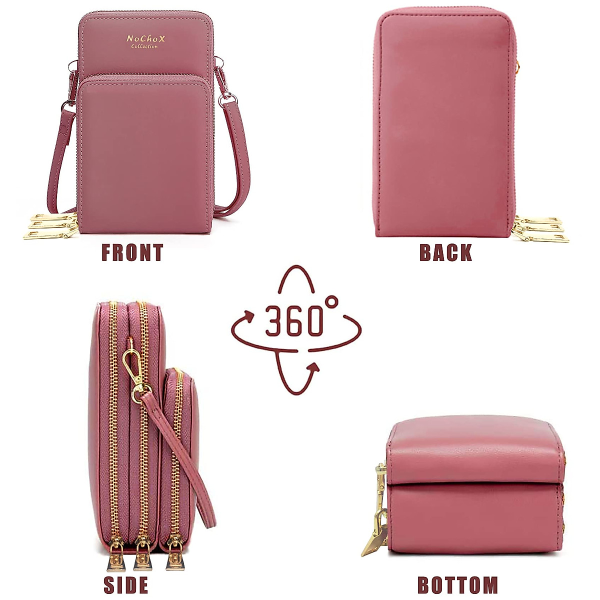 NoChoX Small Crossbody Bags for Women, RFID Blocking Phone Purses, Shoulder Handbags with Credit Card Slots, Adjustable Strap, Pink