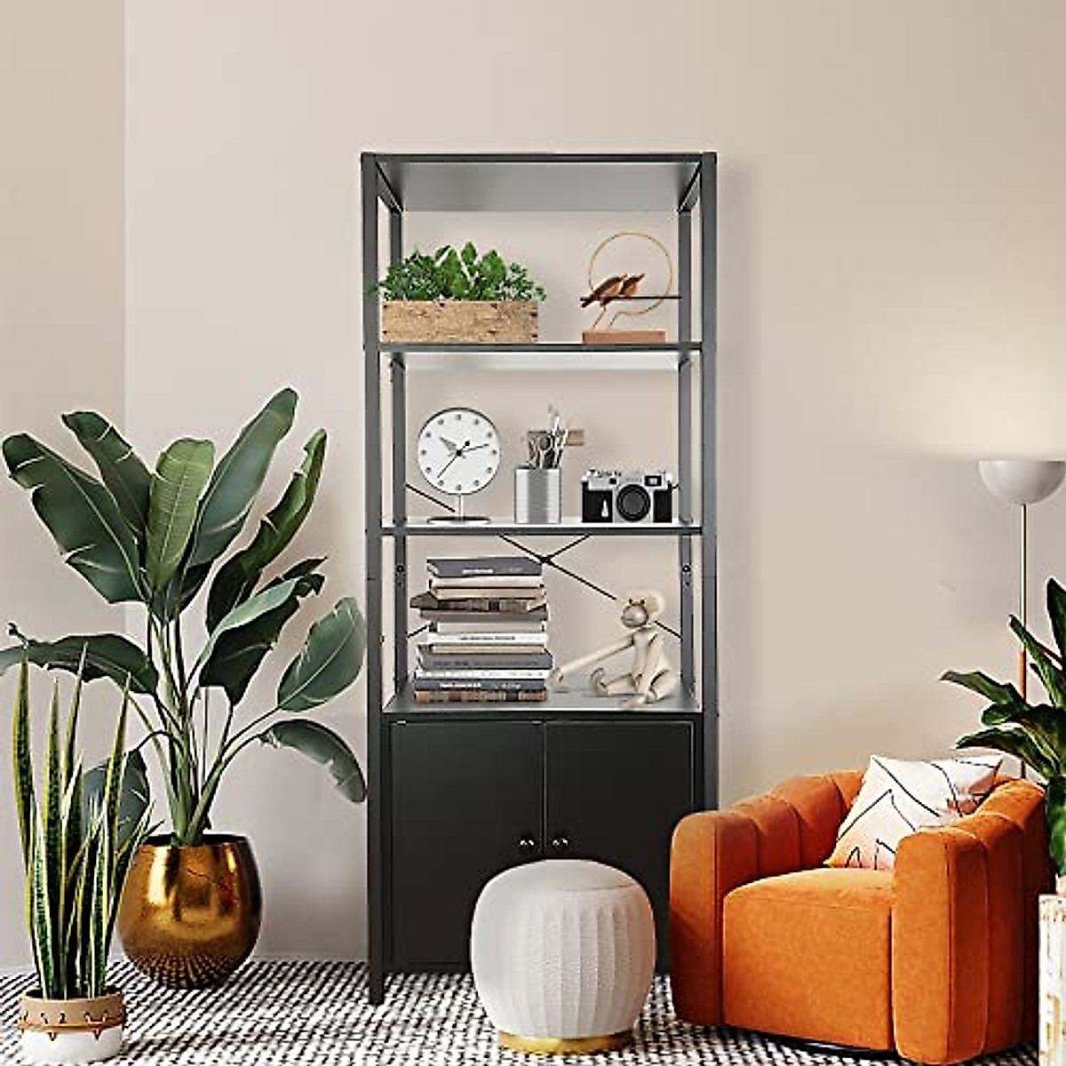 Jahof 4-Layer Industrial Bookshelf, Bookcase with 2 Doors, Standing Storage Cabinet for Living Room, Home Office, Bedroom, Washroom, Kitchen (4-Tier, Black)