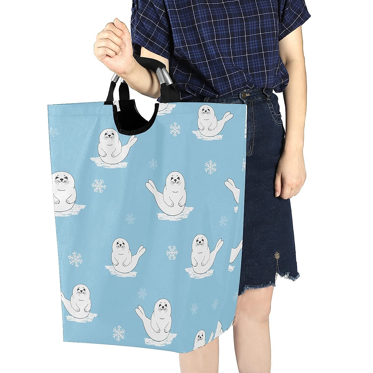 DOMIKING Cute Cartoon Baby Seal Pup Laundry Storage Basket Collapsible Organizer Laundry Hamper for Kids Room Dirty Cloth Toy Dorm Bag