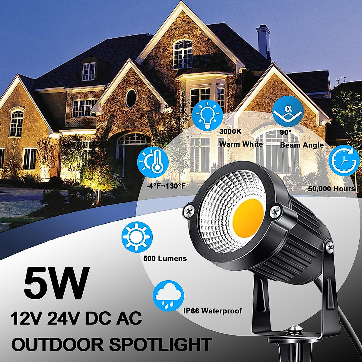 HOTSELLDR Low Voltage Landscape Spotlights, 5W 500LM LED, Warm White, IP66 Waterproof, 12V 24V, 9.05 Inches, Black, Outdoor, Modern Style, 1 Count