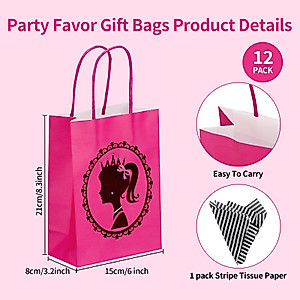 XUWAIDSGN Hot Pink Girls Party Favor Gift Bags with Stripe Tissue Paper Princess Paper Goodie Bags with Handles Cute Treat Bags for Birthday Theme Party Girls Party (12)