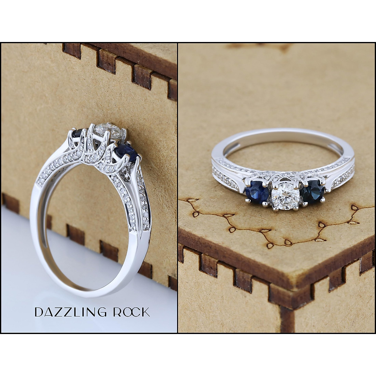 Dazzlingrock Collection Round Blue Sapphire & White Diamond 3 Stone Wedding Ring for Women in 14K White Gold Size 6