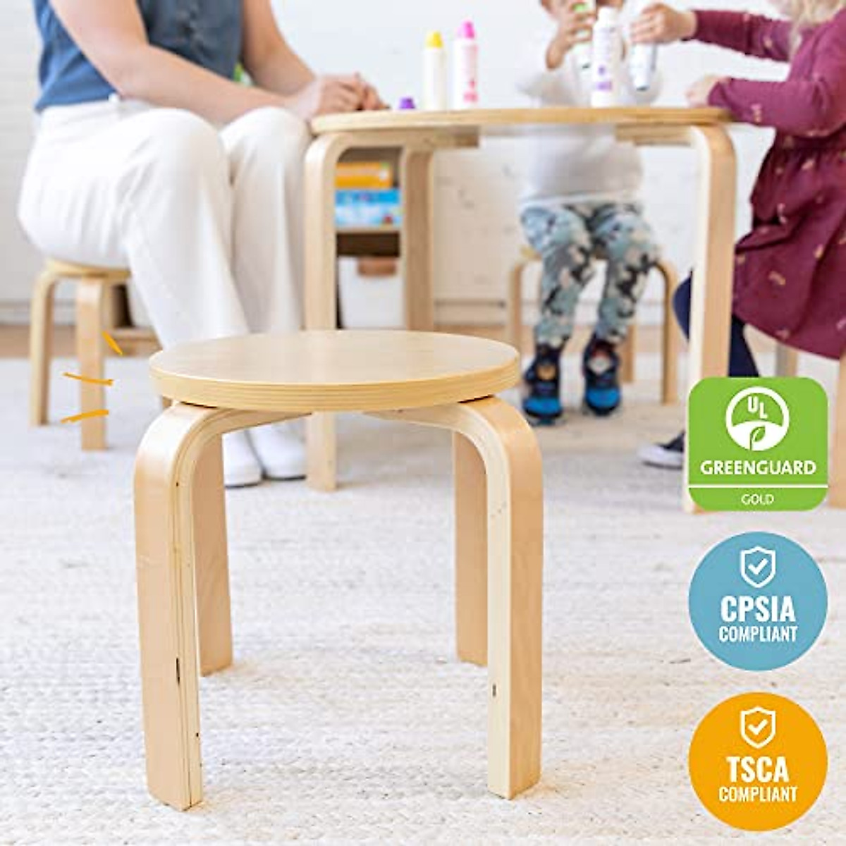 ECR4Kids Bentwood Round Table and Stool Set, Children's Furniture, Natural, 5-Piece