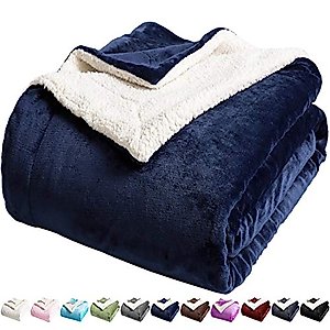 LBRO2M Sherpa Fleece Bed Blanket King Size Super Soft Fuzzy Plush Warm Cozy Fluffy Microfiber Couch Throw Velvet Double Reversible Luxurious Blankets,Navy Blue