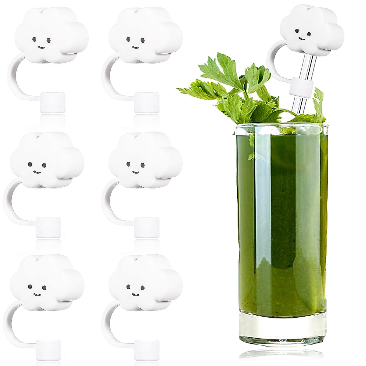 Silicone Straw Tips Cover 6 Pack Reusable Cloud Shape Straw Covers Protector Cute Straw Plugs Drinking Straw Tips Lids Anti-dust Silicone Straw Caps for 6-8 mm Straws (White Cloud style)