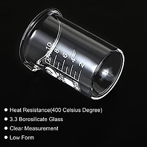 PATIKIL 10ml Low Form Glass Beaker, 3.3 Borosilicate Glass Graduated Printed Scale Measuring Cups with Spout for Kitchen Lab Liquids Transit Boiling