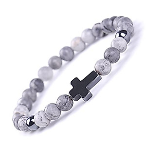 Softones 6mm Cross Beaded Bracelet for Girls Women Natural Stone Stretch Link Prayer Bracelet for Boy Girls,7.1"