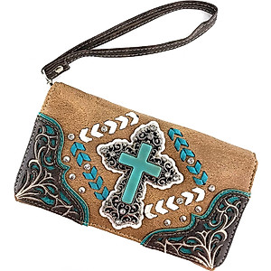 Justin West Rhinestone Cross Floral Embroidery Laser Cut Wristlet Trifold Wallet Attachable Long Strap (Tan)