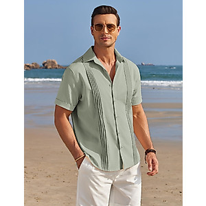 COOFANDY Cuba Shirt Linen Beach Shirts Mexican Wedding Dress Shirts Cabana Shirt Light Green