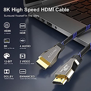 AUDIANO 8K HDMI 2.1 Cable, 48 Gbps Ultra High Speed 3D Nylon Braided Cord, Supports 8K 60Hz 4K 120Hz 144Hz, eARC Dolby Vision HDR 10, HDCP 2.2 2.3, Compatible with Roku/PS4/PS5/Blu-ray(6.6ft/2M)
