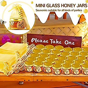 50 Pcs 1oz Small Glass Jars with Lids Mini Honey Jars with Wood Dipper, Bee Charms, Golden Gift Bags, Jutes, and Tags, Jars with Golden Lids for Baby Shower, Wedding, and Party Favors