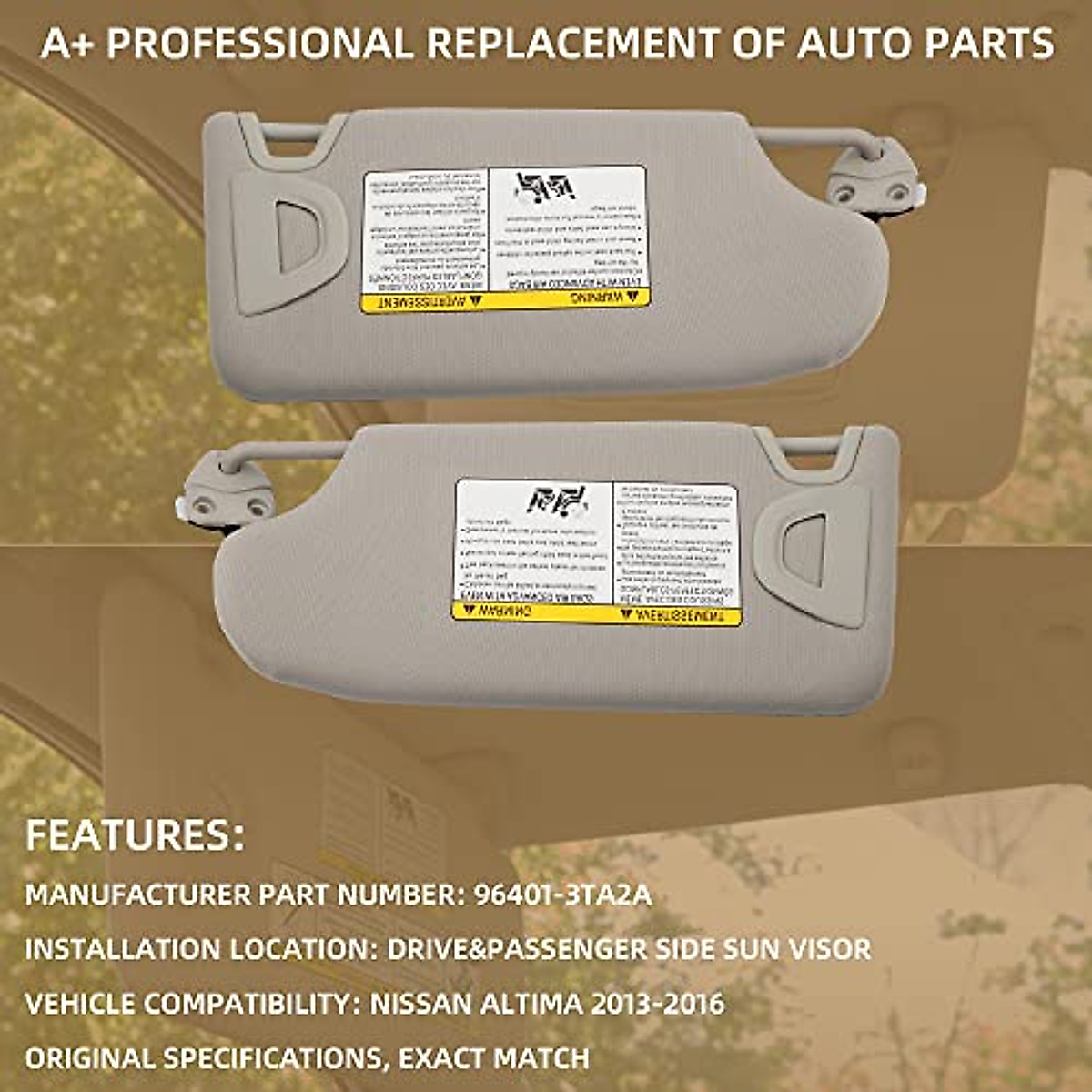 Dasbecan Gray Pair Sun Visor Compatible with Nissan Altima 2013-2018 with Mirror and Vanity Light Without Sunroof Replaces# 96401-3TA2A