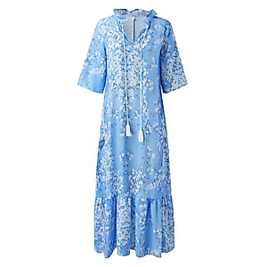 Cnebo Boho Dresses for Women 2023 New Women's Medium and Long Sleeve Dress with Tassels Wide Bohemian Print V Neck Length Blue