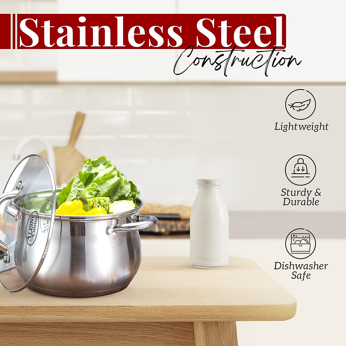 Alpine Cuisine Stainless Steel Dutch Oven Belly Shape 2 Quart - Dutch Oven Pot with Lid, Stove Top Cookware for Cooking, Comfortable Handles, Dishwasher Safe & Easy to Clean