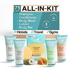 Eco Botanics Hotel Soaps and Toiletries Bulk Set | 1-Shoppe All-In-Kit Amenities |0.85oz Shampoo & Conditioner, Body Wash, Body Lotion & 0.89oz Bar Soap Travel Size | 75 Pieces