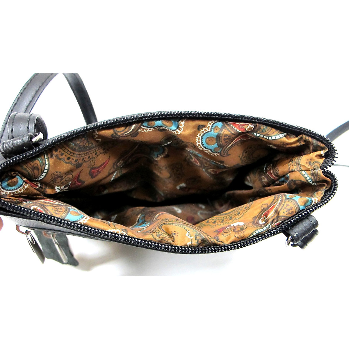 Lady's 5 Zipper Pocket 100% Leather Cross Body Slim Purse Paisley Lining- 5 Color (Black)