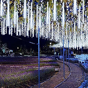 2-Pack Christmas Decorations Lights Outdoor, Total 384LED Meteor Shower Lights Rain Drop Lights 30cm 16 Tubes Indoor Outdoor Snow Cascading String Lights for Xmas Tree Roof Party Garden (Cool White)