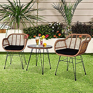 TRRAPLE 3 Pieces Patio Furniture Set, Outdoor Wicker Patio Furniture Sets Modern Bistro Set Rattan Chair Conversation Sets with Glass Top Side Table for Yard and Garden