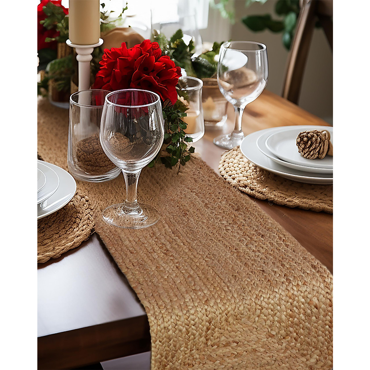 COTTON CRAFT Jute Braided Table Runner - Rustic Farmhouse Table Runner - Jute Kitchen Table Runner - Harvest Fall Thanksgiving Holiday Christmas Party Dining Tabletop Runner - 13x36 inches - Natural