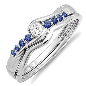 Dazzlingrock Collection 18K Blue Sapphire And White Diamond Women Bridal Engagement Wedding Ring Band Set, White Gold, Size 8.5