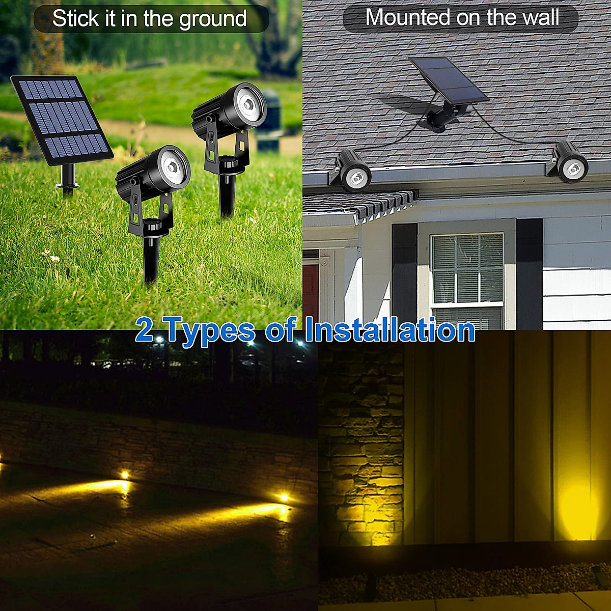 T-SUN Solar Spotlights 2W Outdoor LED Landscape Spot Light, 2-in-1 Waterproof Solar Powered Wall Lights Auto ON/Off with Dual Headlamp for Garden, Yard, Pathway(Warm White)
