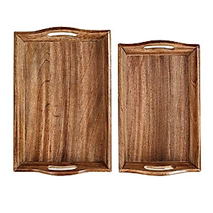Antique Mango Wood Serving Tray Set of 2 with Burn Finish for Tea/Coffee Food Items and Hold Kitchen Ware 17x12x2.5- Big, 15.5x10x2.5- Small Wooden Trays, Burn Brown Finish