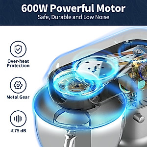 Stand Mixer, 6 QT 600W Tilt-Head Dough Mixer, 6+P speed Mixers Kitchen Electric Stand Mixer with Stainless Steel Bowl, Dishwasher-Safe Dough Hook, Flat Beater, Wire Whisk, Splash Guard, Grey