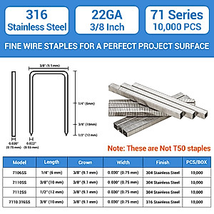 meite 22 Gauge 71 Series 316 Stainless Steel Upholstery Staples, 3/8-Inch (9.1 mm) Crown 3/8-Inch Length Fine Wire Staples Marine Upholstery Staples for Stapler Gun (10,000 Counts)
