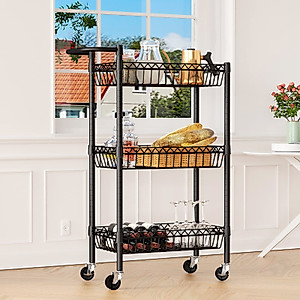 SINGAYE 3-Tier Utility Mesh Basket Cart with Handle,170LBS Load Capacity Evenly Distributed,Metal Storage Basket Cart,Black, 17.29" W X 11.4" D X30.26 H