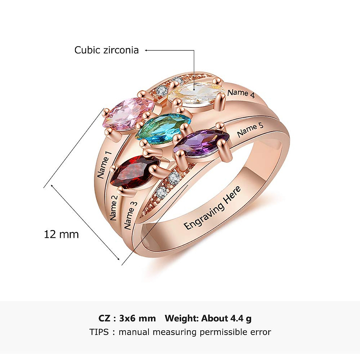 JewelOra Personalized Mothers Rings with 5 Simulated Birthstones Family Promise Rings for Her Engraved 5 Names (Rose Gold, 9)