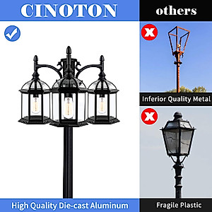 CINOTON Outdoor Lamp Post Light, 3-Head Surface-Mount Post Waterproof Outside Pole Light Aluminum, Black Birdcage Design Outdoor Street Light Pole Lamp Triple-Head for Backyard, Patio, Garden, Walkway