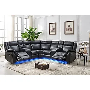 Verfur Faxu Leather Reclining Sectional Consoles and 4 Cupholders,Maunal Motion LED Stripes,Symmetrical Corner Sofa & Couches Curve Home Theater Furniture, Black