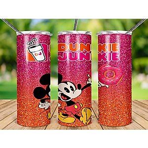Dunkie Junkie #6 20oz Stainless Steel Tumbler, Slide Door Lid & Straw Included, Gift, Glitter Print, Coffee & Donut Lover, Great For Keeping Drink Cold or Hot