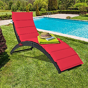 DORTALA Foldable Patio Lounge Chair, Outdoor Rattan Wicker Chaise with Cushion for Backyard Garden Lawn Balcony Poolside, Red