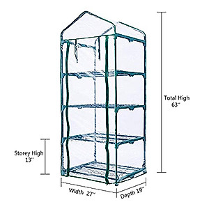 Worth Garden 4 Tier Mini Greenhouse - 63'' H x 27'' L x 19'' W - Sturdy Portable Gardening Shelves with PVC Cover - Small Green House Use in Indoor & Outdoor for Plants Flowers