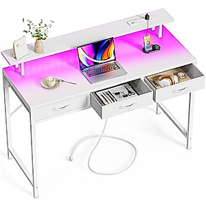 Huuger 47 inch Computer Desk with 3 Drawers, Office Desk Gaming Desk with LED Lights & Power Outlets, Home Office Desks with Storage Space for Bedroom, Work from Home, White