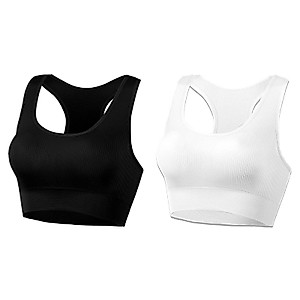 AMRIY Racerback Sports Bras for Women Medium Support Padded Seamless Women's Sports Wireless Bra Black White,XXL