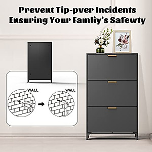 silkight Shoe Cabinet for Entryway, Freestanding Shoe Rack Metal Shoe Storage Cabinet with 3 Flip Drawers & Adjustable Shelf, Modern Slim Black Shoe Organizer Cabinet for Heels, Boots, Slippers