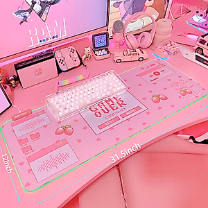JMIYAV Pink RGB Gaming Mouse Pad 31.5x12 Inch PC XL Large Extended Glowing Led Light Up Desk Pad Non-Slip Rubber Base Computer Mouse Pad Cute Mousepad Mat 31.5x12 Inch