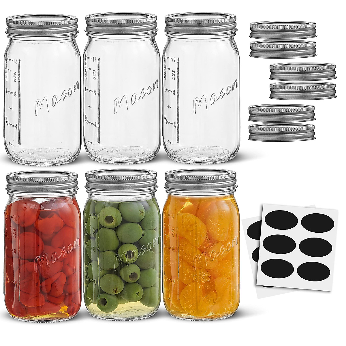 16 Oz Mason Jars With Lids, Labels and Measures! 6-Pack Regular Mouth Mason Jars, Glass Jar with Lid and Band. Airtight Canning Jars, Overnight Oats Jars, Salad Jars, Sourdough Starter Jar