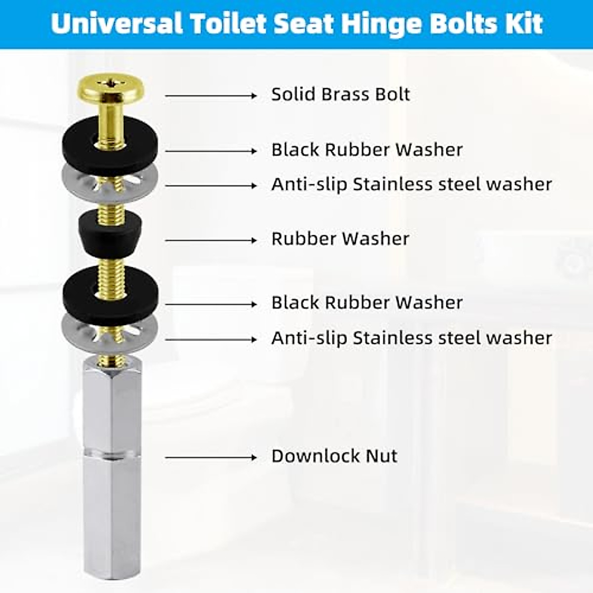 Hibbent 2 PCS Universal Toilet Seat Bolts Kit, Heavy Duty Solid Brass Toilet Bolts with Extra Long Stainless Steel Downlock Nuts Rubber Washers Gaskets, Easy to Install - Bathroom Toilet Repair Screw