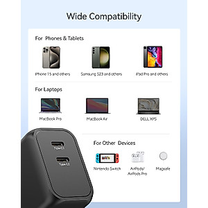 45W USB C Charger, K&ZZ Dual USB-C GaN Charger Foldable PD Super Fast Charger Block Compact Type C Wall Charger for iPhone 15/ 15Pro, Galaxy S23 Ultra/ S22/ Note, MacBook, iPad (45W, Black)