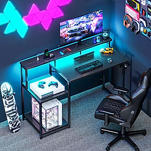 AODK Computer Desk, 48 Inch Gaming Desk with Led Lights & Power Outlet, Office Desk with Printer Storage Shelves, Reversible Desk with Monitor Shelf & Headphone Hook, Carbon Fiber Black