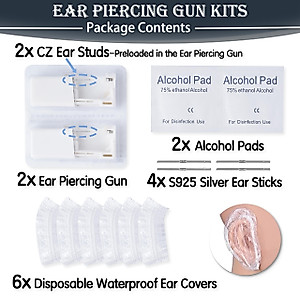 Ear Piercing Kit, Anzero 2 Pcs Disposable Ear Piercing Gun with Preloaded Ear Stud, at Home Self Ear Piercing Gun Kit - 3MM Earrings Stud
