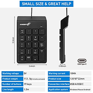 Huifen Type C Number Pad, USB Numeric Keypad 19 Keys Plug & Play Financial Accounting Numpad Office Home Portable Mini Keypad Slim Number Keyboard for Laptop Phone PC Tablet Notebook (Black)