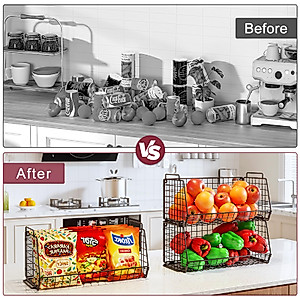 X-cosrack Stackable Pantry Baskets Household Food Storage Organizer with Handles 3 Pack-15.7 Wide, Foldable Snack Rack Stand with Open Front Stacking Farmhouse Bins for Countertop Cabinets Kitchen