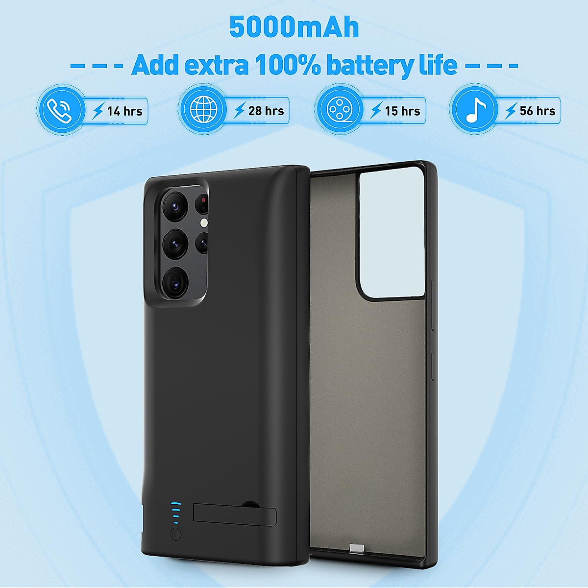 Galaxy S22 Ultra Battery Case, 5000mAh Extended Phone Charging Case & Kickstand & Dual Device Charging, Rechargeable Backup Charger Case for Samsung S22 Ultra 5g(6.8") Black